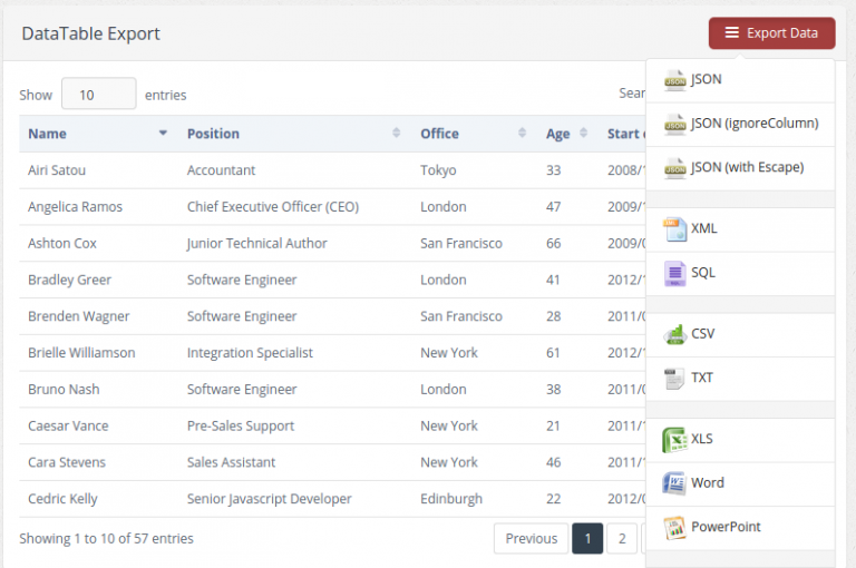 Export HTML Table Data To CSV Excel PNG PDF TXT Doc JSON XML Using JQuery